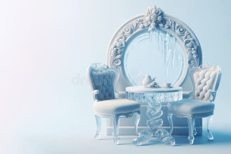 Ice Table and Chairs on Mirror Background. Space for Text. Stock ...