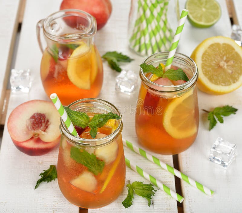Ice Tea with Lemon, Peach and Mint Stock Image - Image of white ...