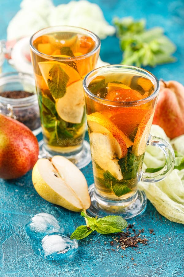 Ice Tea with Mint Leaves and Pear Stock Image - Image of mojito ...