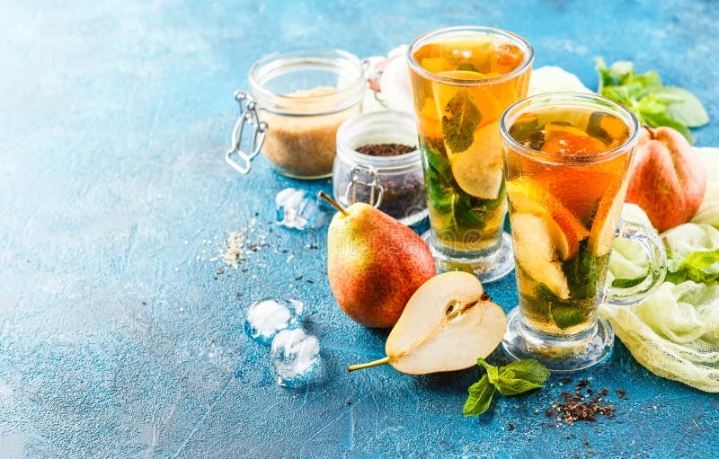 Ice Tea with Mint Leaves and Pear Stock Photo - Image of freshness ...
