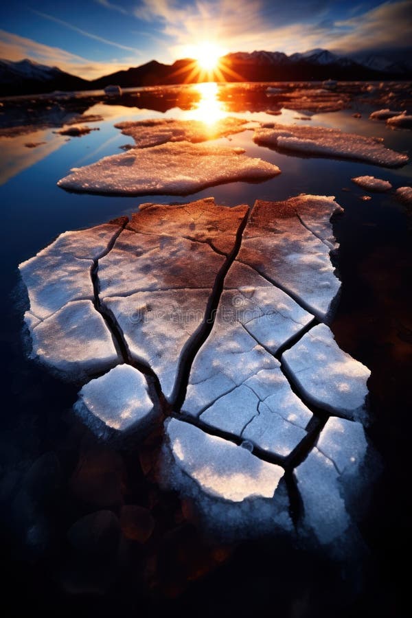 Ice in the Water with the Sun Setting Behind it Stock Illustration ...