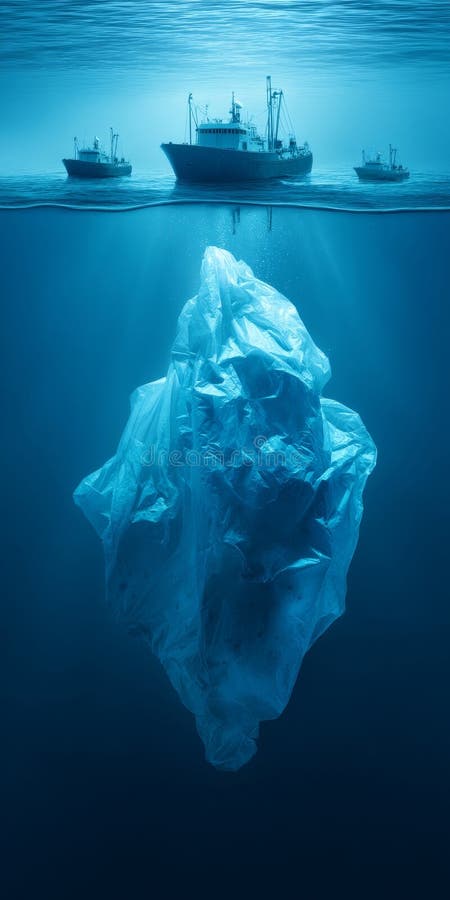 Iceberg Formed from Plastic Bags Below Water Surface with Cargo Ship ...