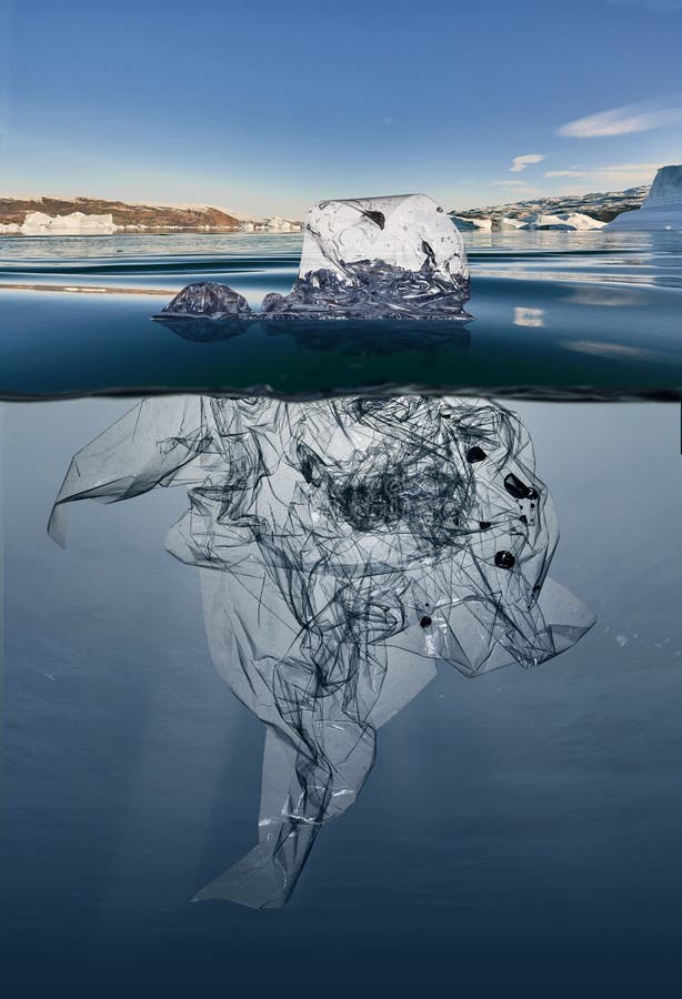 Iceberg of Garbage Plastic Floating in Ocean with Greenland Back Stock ...