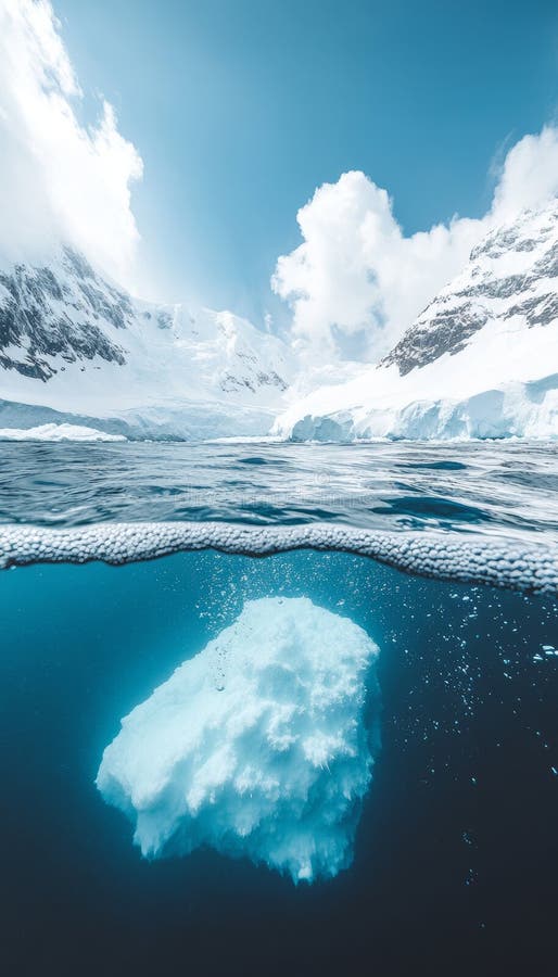 Iceberg, Ocean, Clouds, Sunlight. Underwater View of Floating Ice with ...