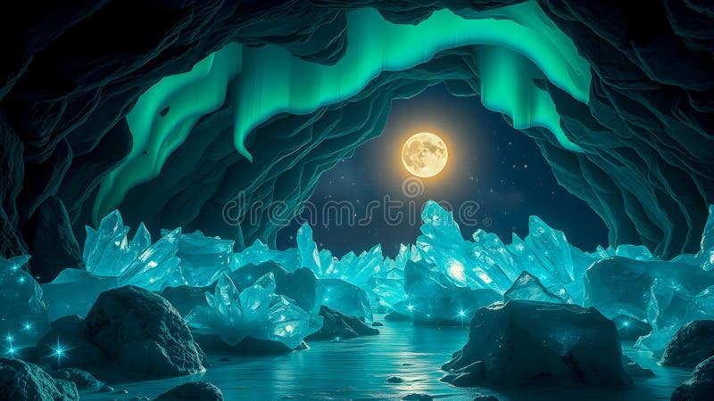 Icebergs in the Ice Cave with Full Moon. 3d Rendering Stock ...