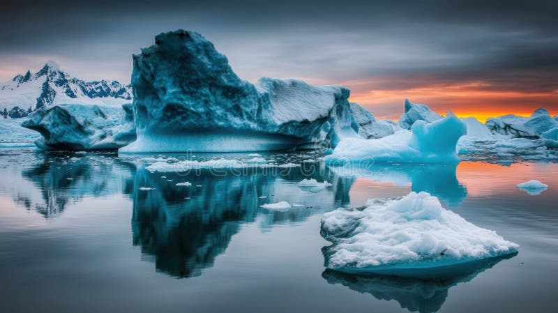 Icebergs Melting at Sunset in a Polar Landscape Reflecting Climate ...