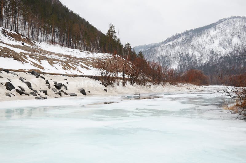 Icebound River on a Cloudy Spring Day. Irkutsk Region Stock Image ...