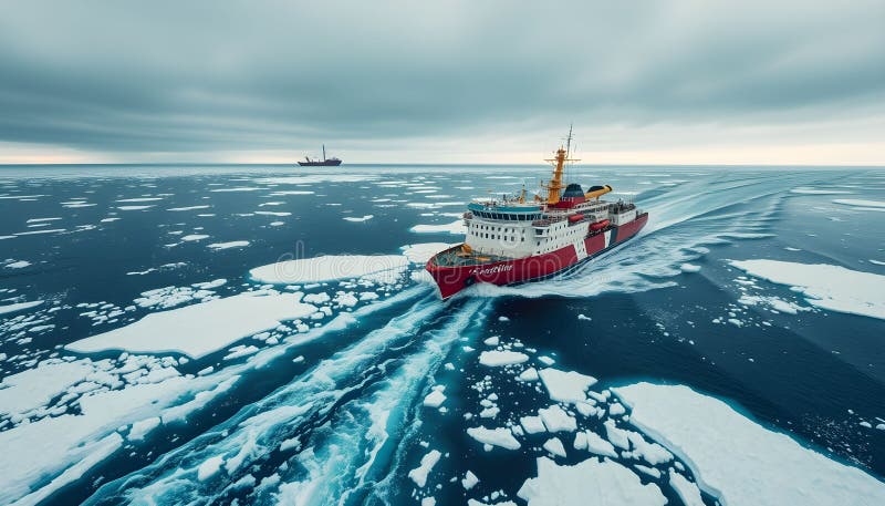 Icebreaker Navigating through Arctic Waters and Breaking Ice Stock ...