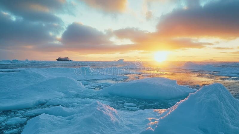 Icebreaker Ship Navigating through Arctic Ice at Sunset with Dramatic ...
