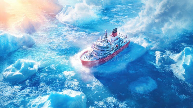 Icebreaker Ship Navigating through Arctic Icebergs at Sunrise Stock ...