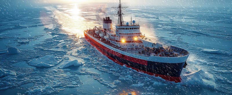 Icebreaker Ship Navigating Frozen Arctic Waters at Sunset in Winter ...
