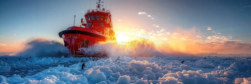 Icebreaker Ship Navigating through Frozen Waters at Sunrise in a Polar ... Icebreaker Ship Navigating through Frozen Waters at Sunrise in a Polar ...