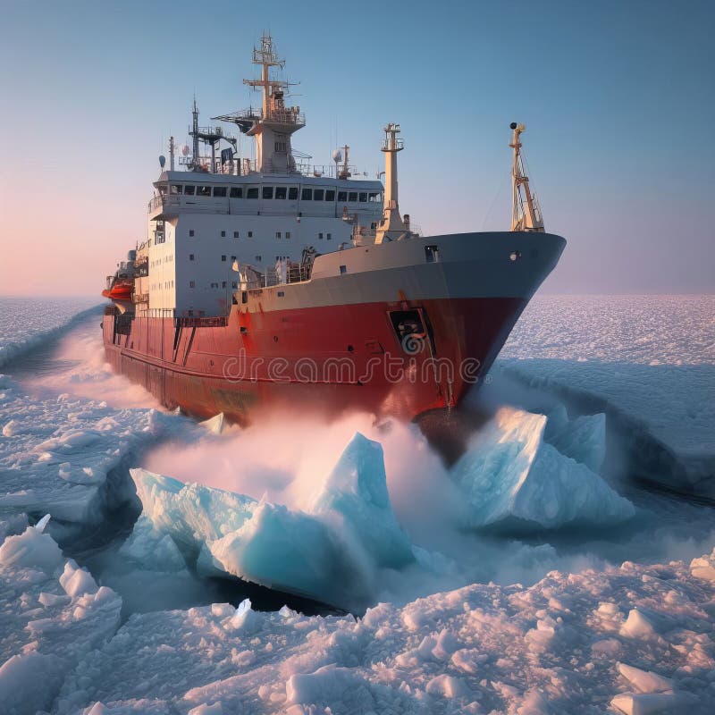 Icebreaker Ship Navigating through Icy Waters, Crushing Icebergs Under ...