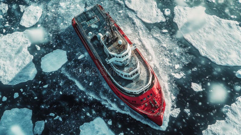 Icebreaker Ship Navigating through Icy Waters, Surrounded by Large ...