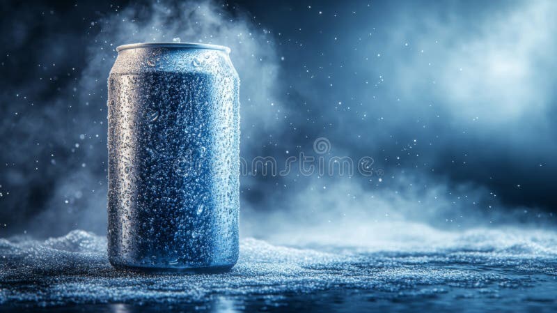 Iced Aluminum Can with Water Droplets on a Snowy Blue Surface in Studio ...