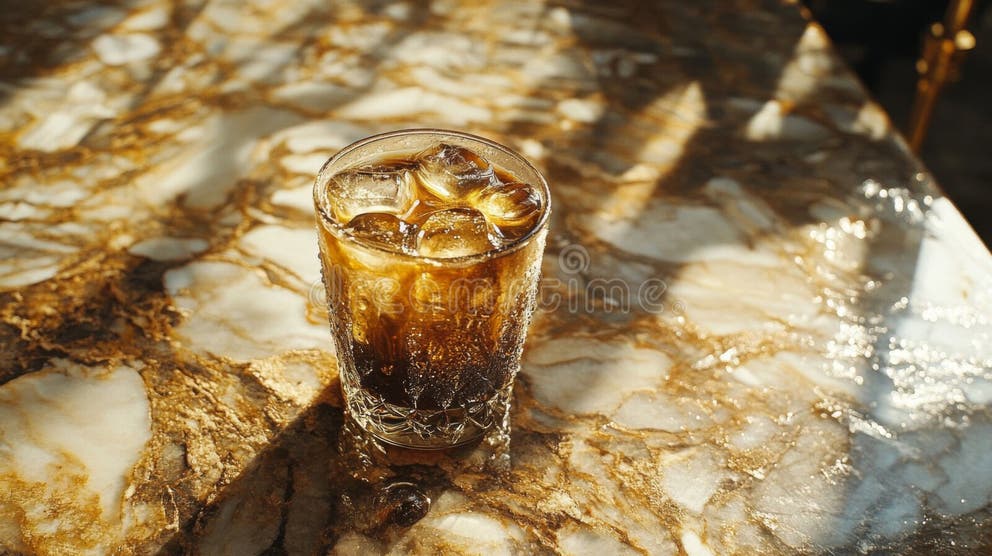 Iced Beverage in a Glass with Condensation on a Marble Table Stock ...