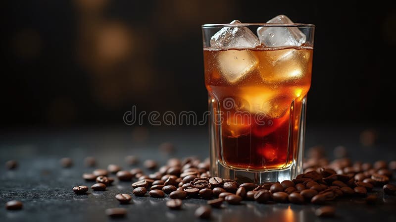 Iced Beverage with Ice Cubes Amidst Coffee Beans on a Dark Surface ...