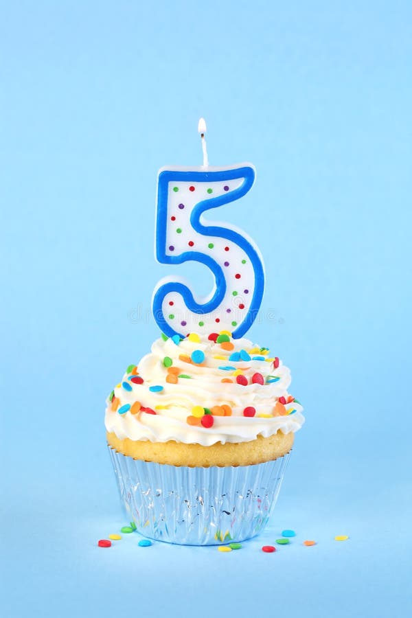 Iced Birthday Cupcake with with Lit Number 5 Candle Stock Photo - Image ...