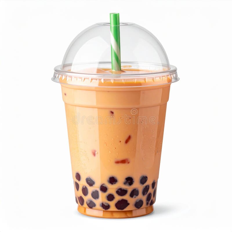 Iced Boba Tea in a Clear Plastic Cup with Tapioca Pearls and a Green ...