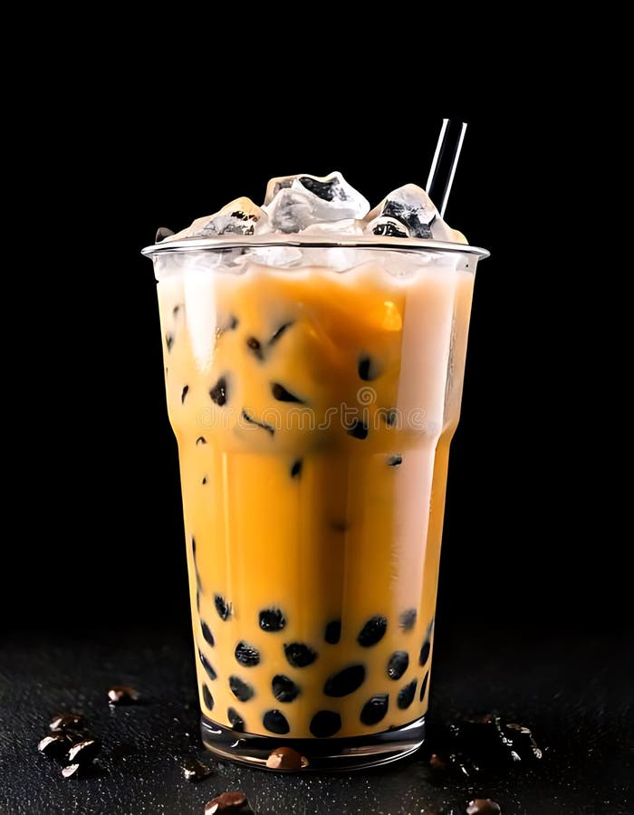 Iced Boba Tea with Tapioca Pearls and Straw on a Dark Background Stock ...