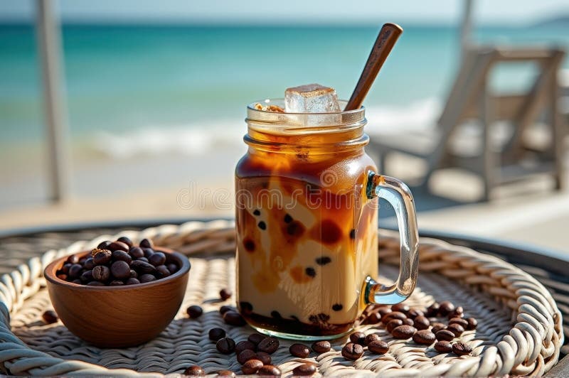 Iced Bubble Coffee in Mason Jar on Seaside Rattan Table with Coffee ...