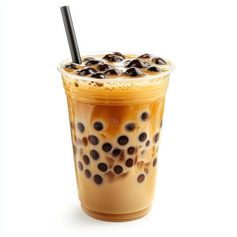 Iced Bubble Tea with Black Tapioca Pearls in a Clear Plastic Cup and ...