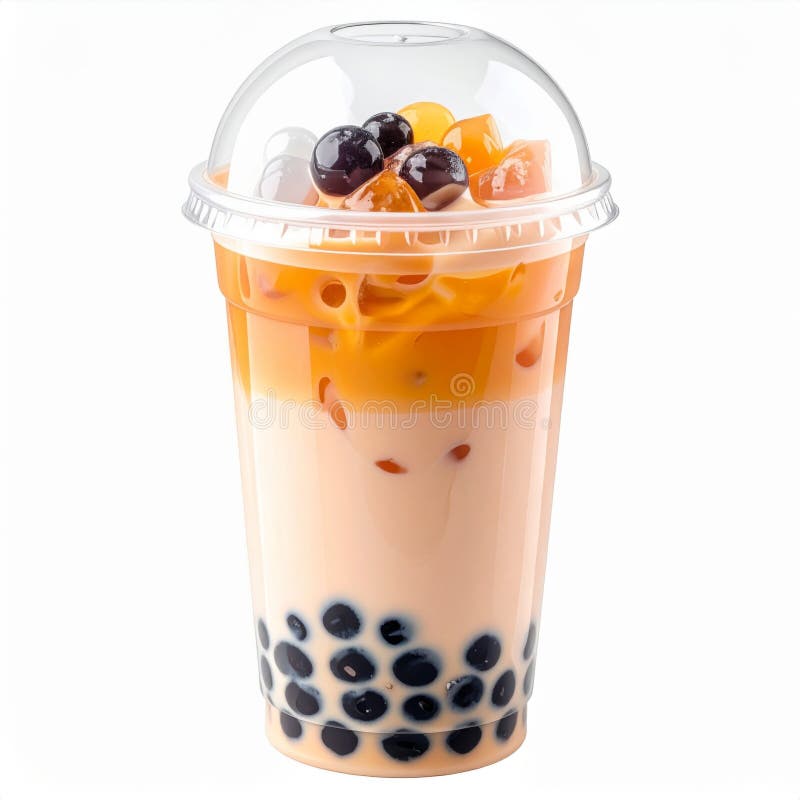 Iced Bubble Tea with Boba Pearls and Fruit Toppings in a Clear Plastic ...