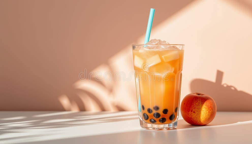 Iced Bubble Tea with Tapioca Pearls and Fresh Apple on White Table with ...