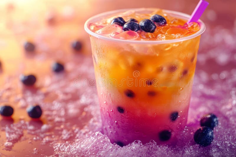 Iced Bubble Tea with Tapioca Pearls and Fruit Pieces Stock Photo ...