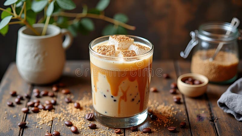 Iced Caramel Latte with Boba and Whipped Cream on Rustic Table Stock ...