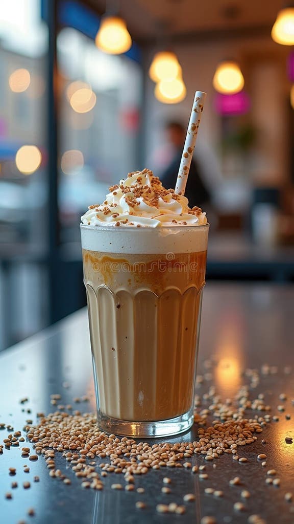 Iced Caramel Latte with Whipped Cream and Sprinkles on Cafe Table Stock ...