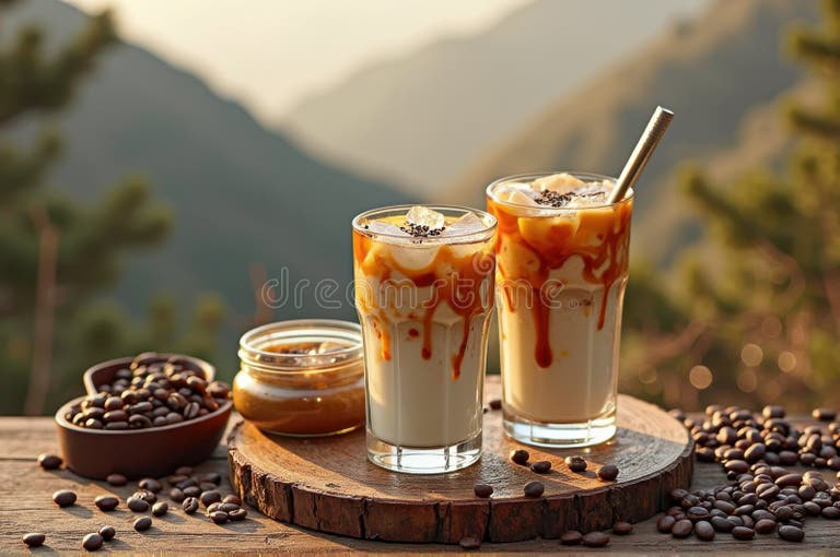 Iced Caramel Lattes with Coffee Beans and Syrup Outdoors in Mountain ...