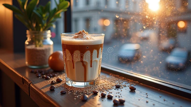 Iced Caramel Macchiato on Cafe Window Ledge at Sunset with Coffee Beans ...