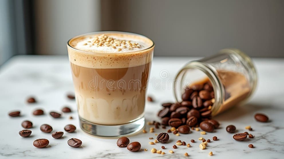 Iced Caramel Macchiato with Coffee Beans on Marble Surface Stock Photo ...