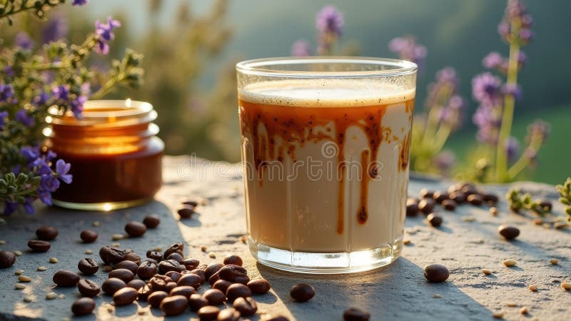 Iced Caramel Macchiato in Nature Surrounded by Lavender and Coffee ...