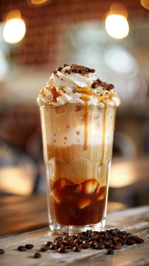 Iced Caramel Macchiato with Whipped Cream and Coffee Beans Stock Image ...