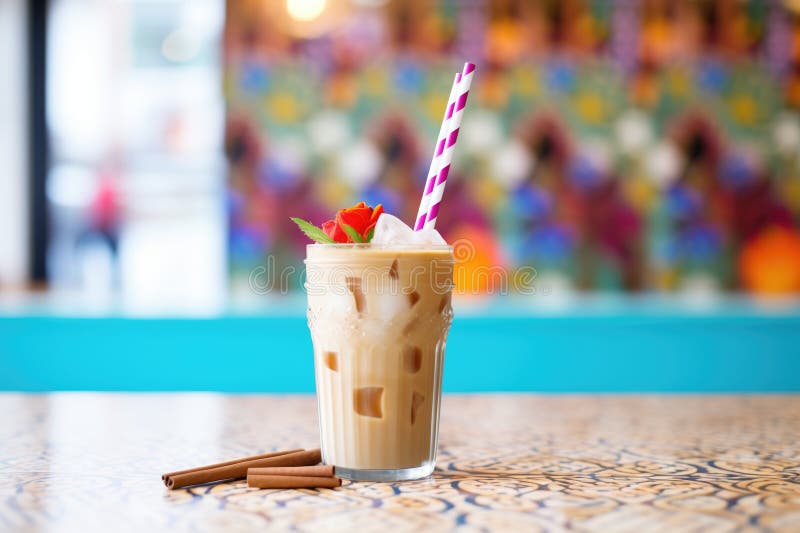 Iced Chai Latte with Colorful Paper Straws in Set Stock Image - Image ...