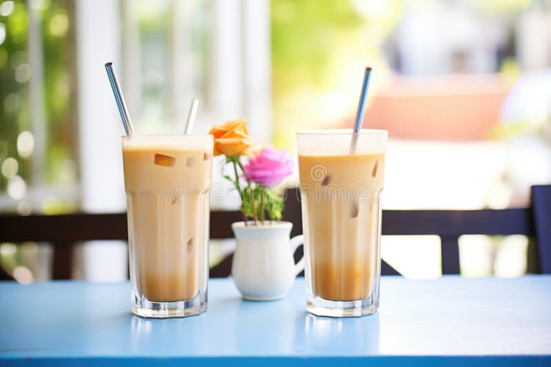 Iced Chai Latte on Outdoor Table, Soft Focus Flowers in Background ...