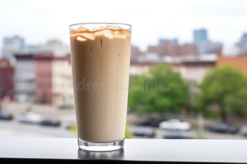 Iced Chai Latte on a Windowsill with a Cityscape Background Stock Photo ...