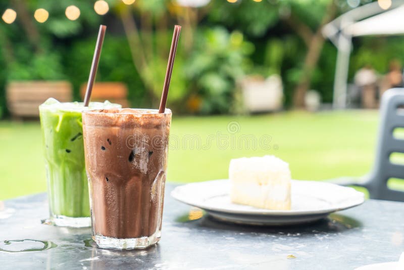 Iced Chocolate Milkshake and Iced Green Tea with Milk Stock Photo ...