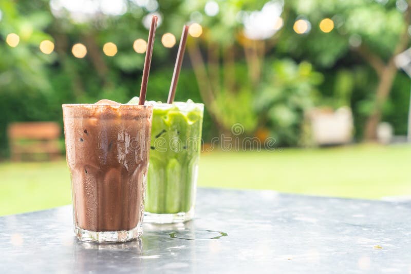 Iced Chocolate Milkshake And Iced Green Tea With Milk Stock Image ...