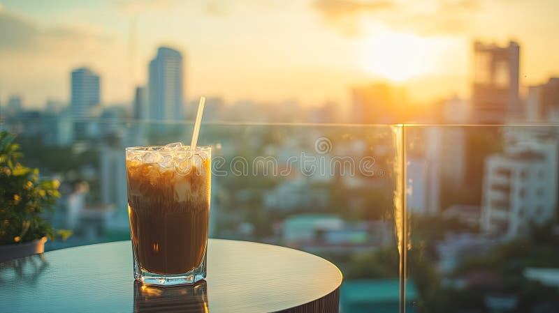 Iced Coffee on a Balcony with City View in Summer Light. Stock Image ...