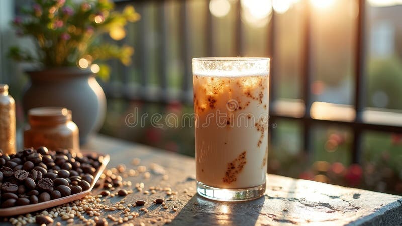 Iced Coffee with Coffee Beans on a Sunlit Patio at Sunrise Stock Image ...