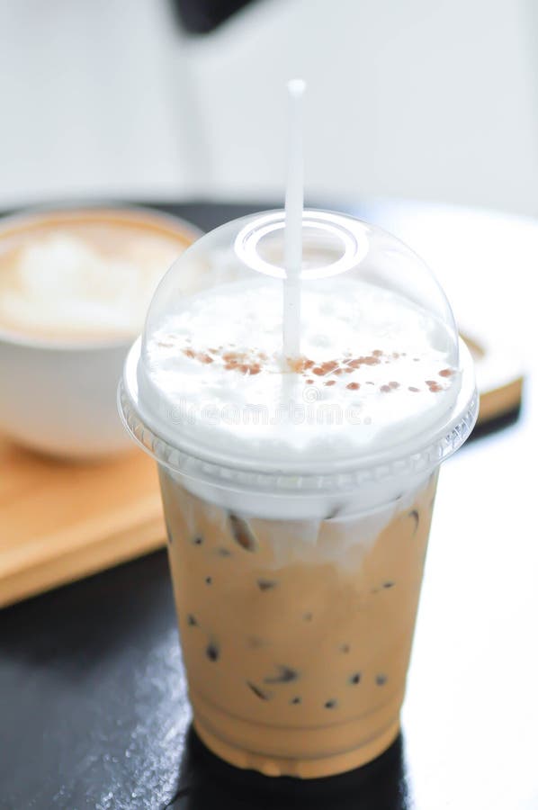 Iced Coffee or Iced Cappuccino and Hot Latte Coffee Stock Photo - Image ...