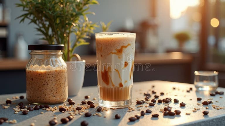 Iced Coffee with Caramel Drizzle and Coffee Beans on Modern Kitchen ...