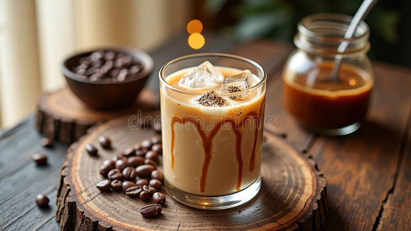 Iced Coffee with Caramel Drizzle and Coffee Beans on Rustic Wooden ...