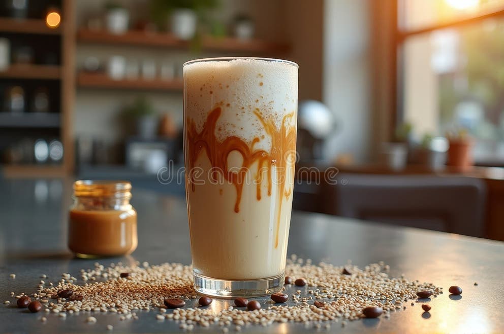 Iced Coffee with Caramel Drizzle on Cafe Table Stock Photo - Image of ...