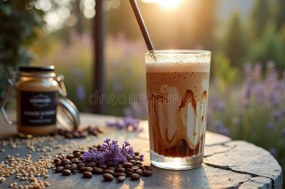 Iced Coffee with Caramel Drizzle on Garden Table at Sunrise Stock Image ...