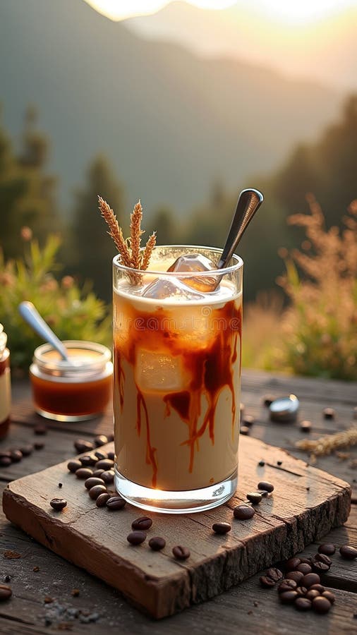 Iced Coffee with Caramel Drizzle in Rustic Mountain Setting at Sunset ...