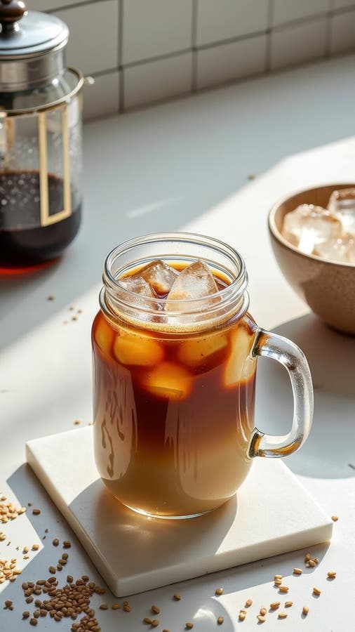 Iced Coffee in a Clear Glass Mug with Sunlight and Ice Cubes on White ...